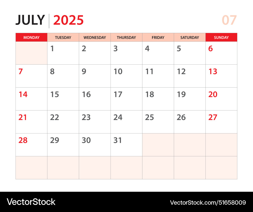 Calendar planner 2025 - july template Royalty Free Vector