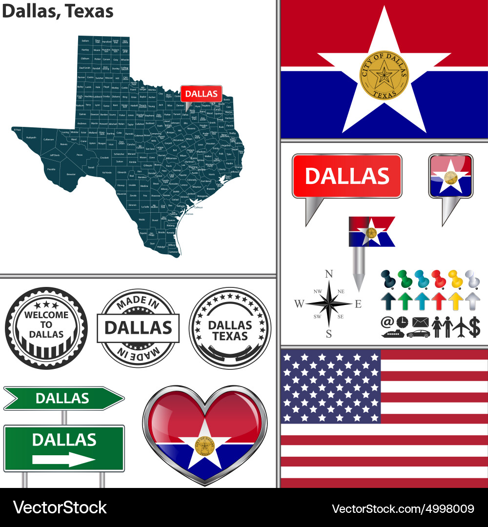 Dallas Texas Map & Icons Royalty Free Vector Image