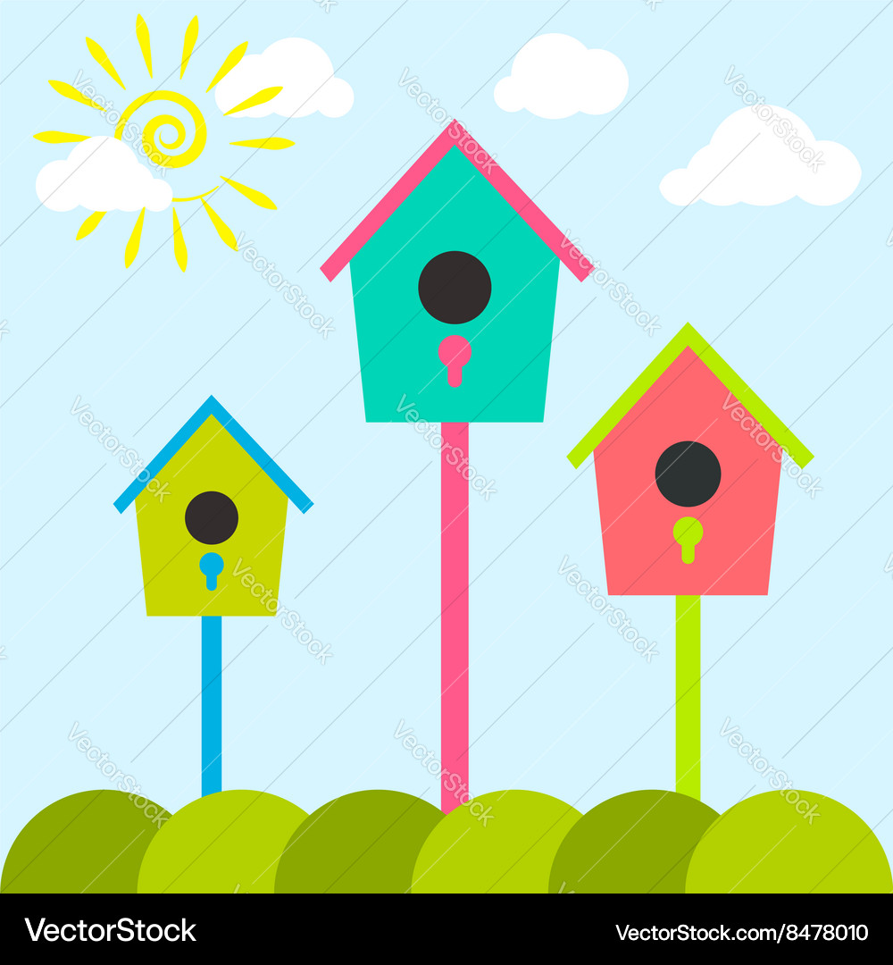 Nesting box cartoon set meadow with colorful bird Vector Image