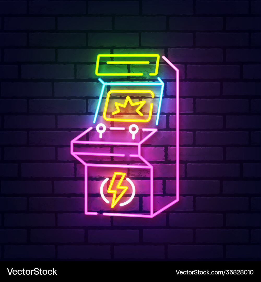Retro arcade neon sign isolated bright signboard Vector Image