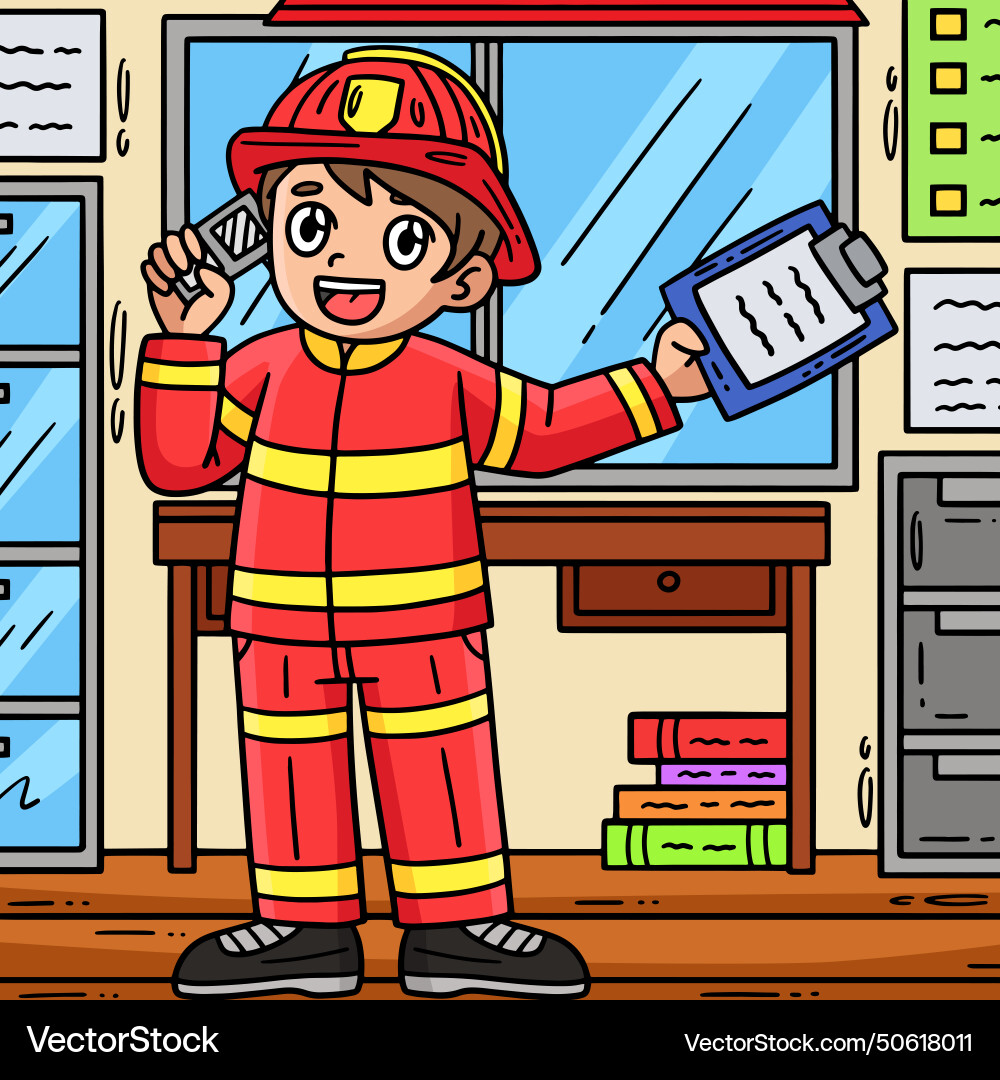 Firefighter receiving a call colored cartoon Vector Image