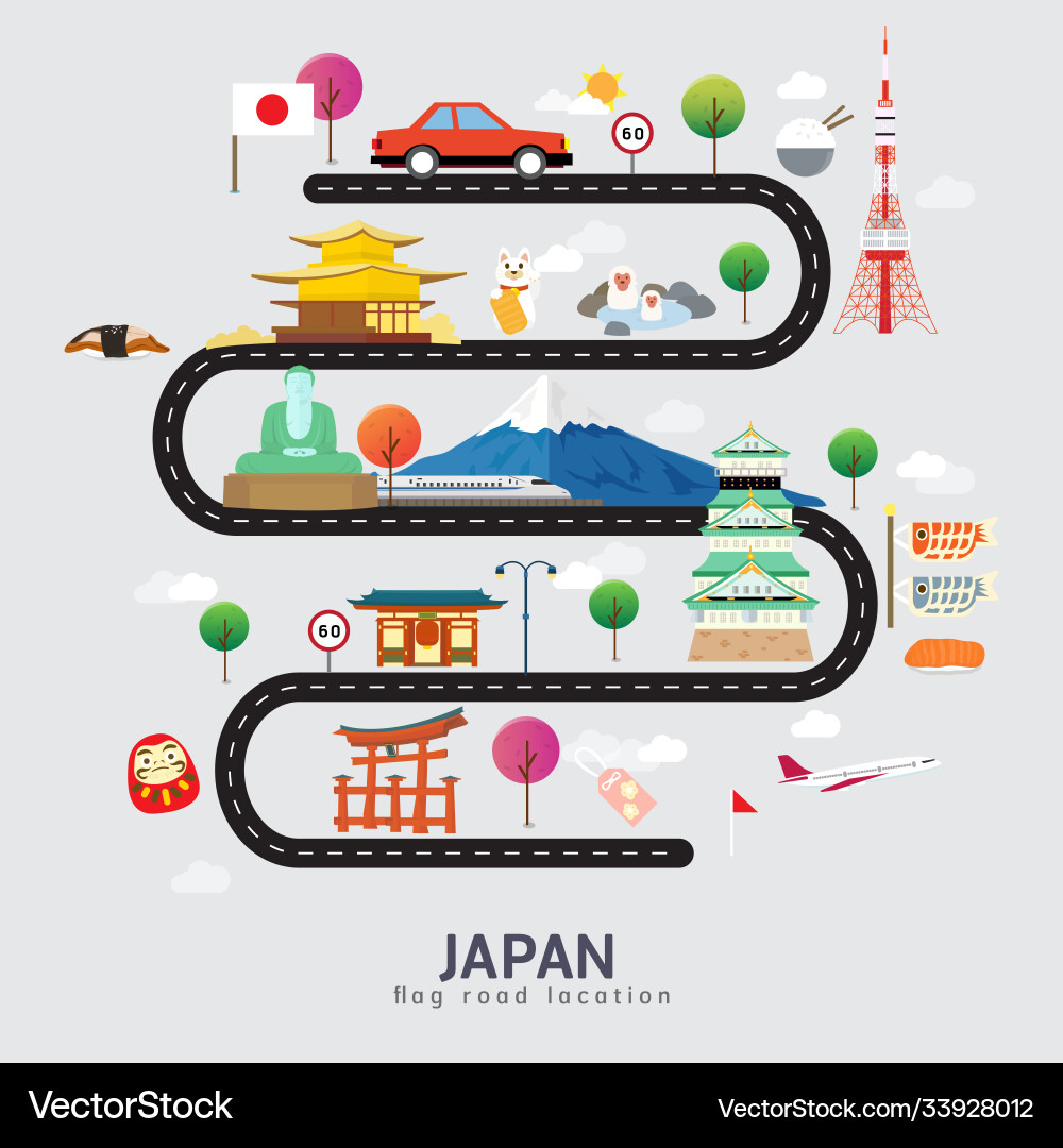 Road map and journey route in japan Royalty Free Vector