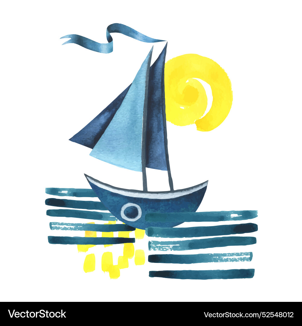 Sailing blue boat with a ribbon floating Vector Image