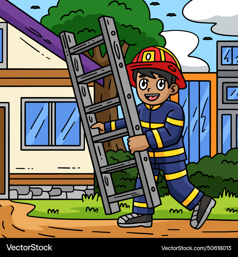 Firefighter with a ladder colored cartoon Vector Image