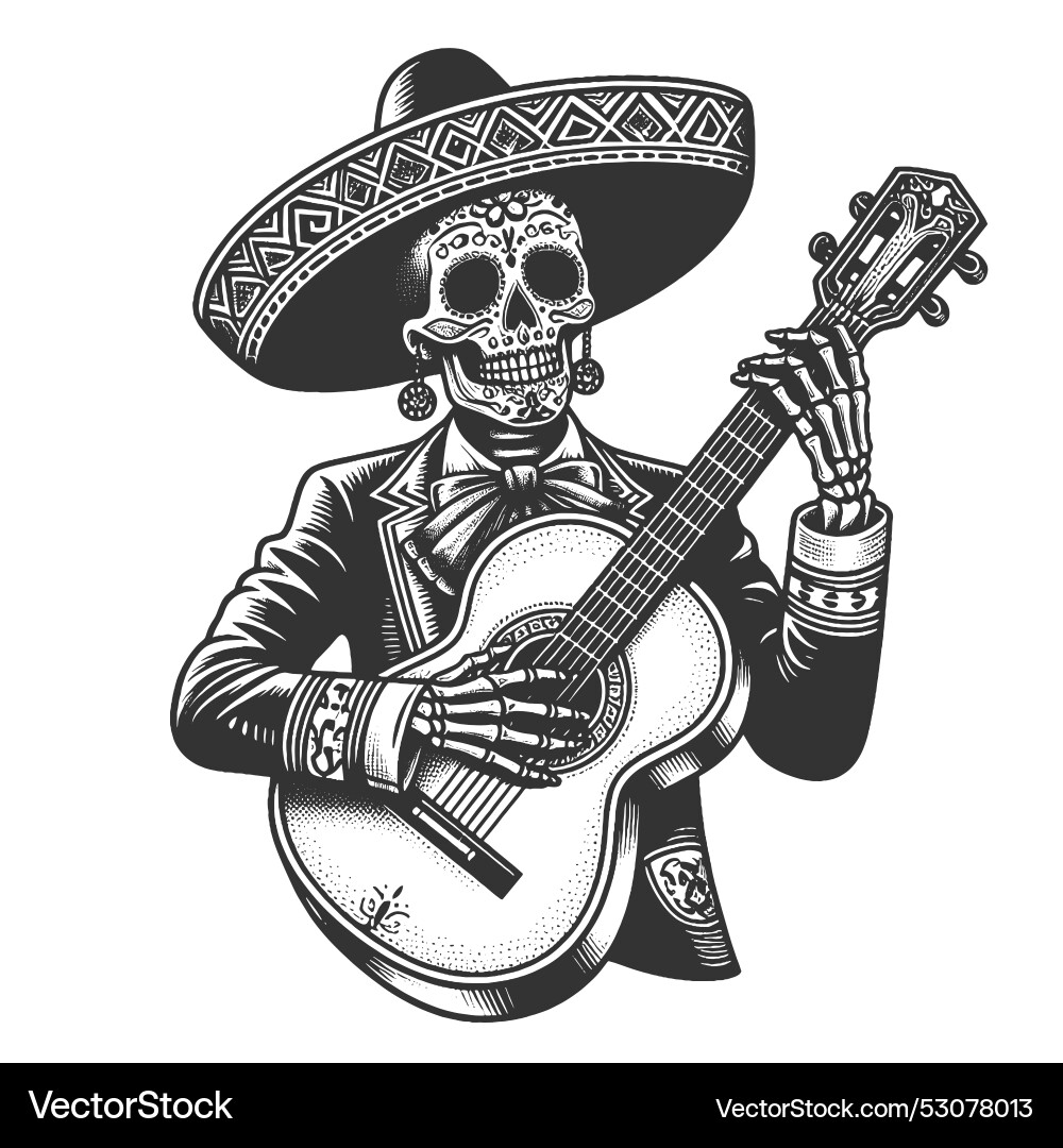Skeleton mariachi playing guitar Royalty Free Vector Image