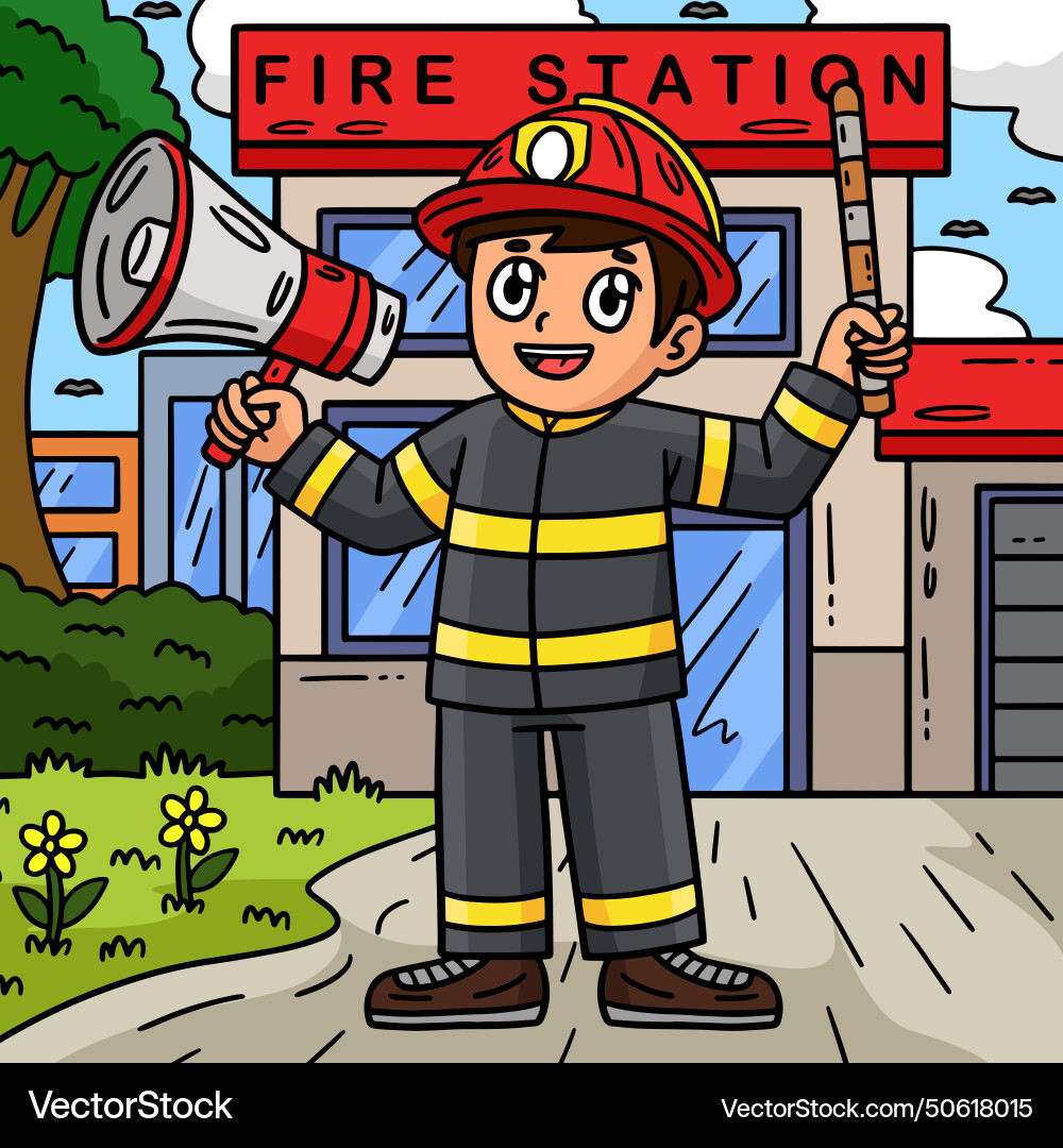 Firefighter with a megaphone colored cartoon Vector Image