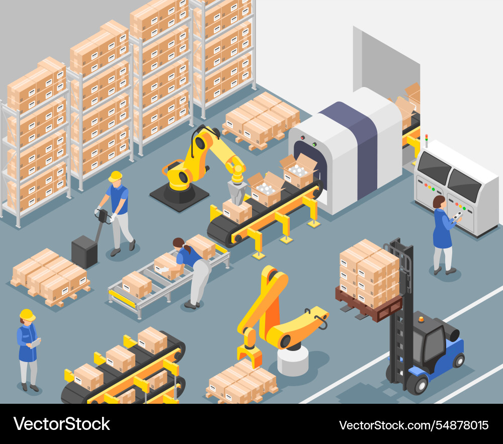 Isometric manufacturing workers working Royalty Free Vector