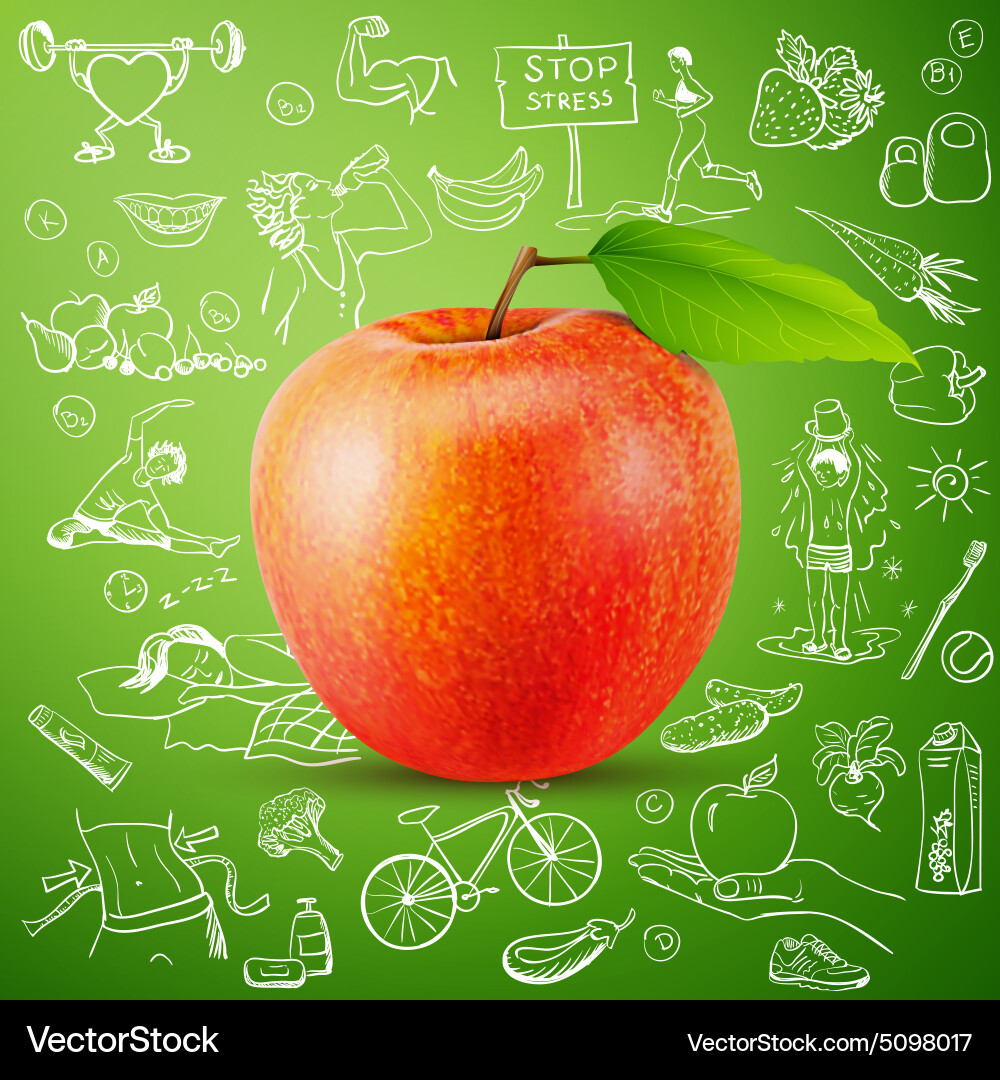 Healthy lifestyle background with apple Royalty Free Vector