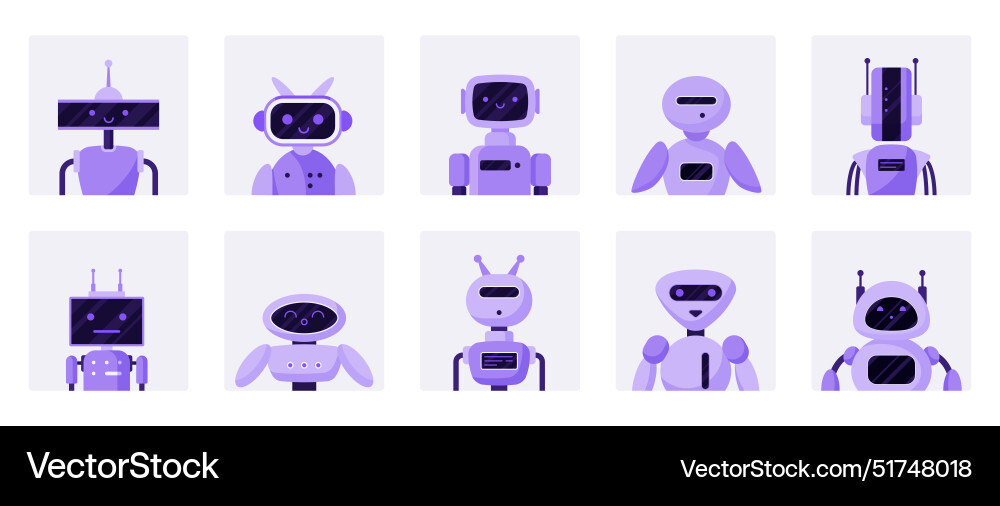 Chatbot avatars set purple cute robot assistant Vector Image