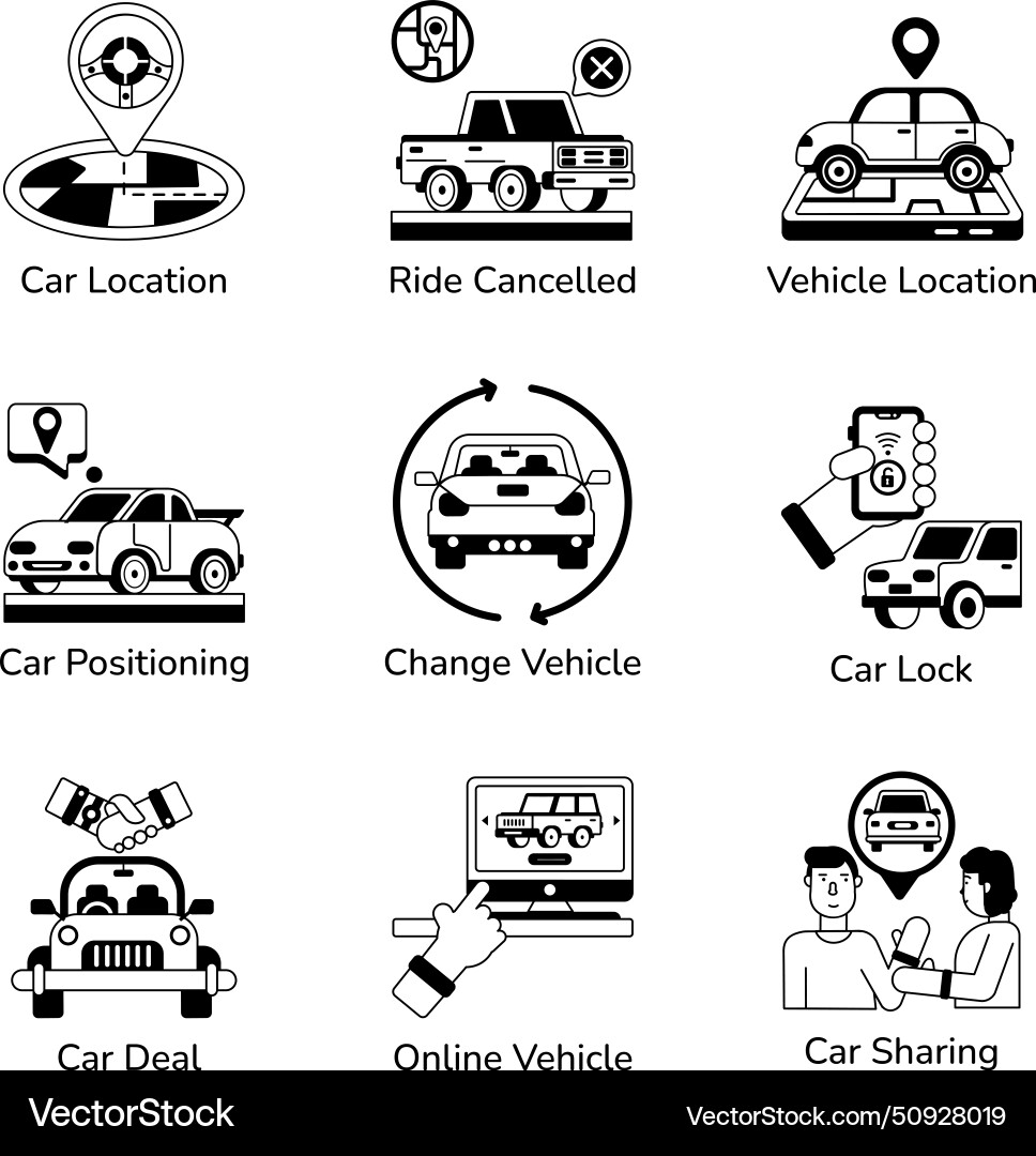 Bundle of ride services glyph icons Royalty Free Vector