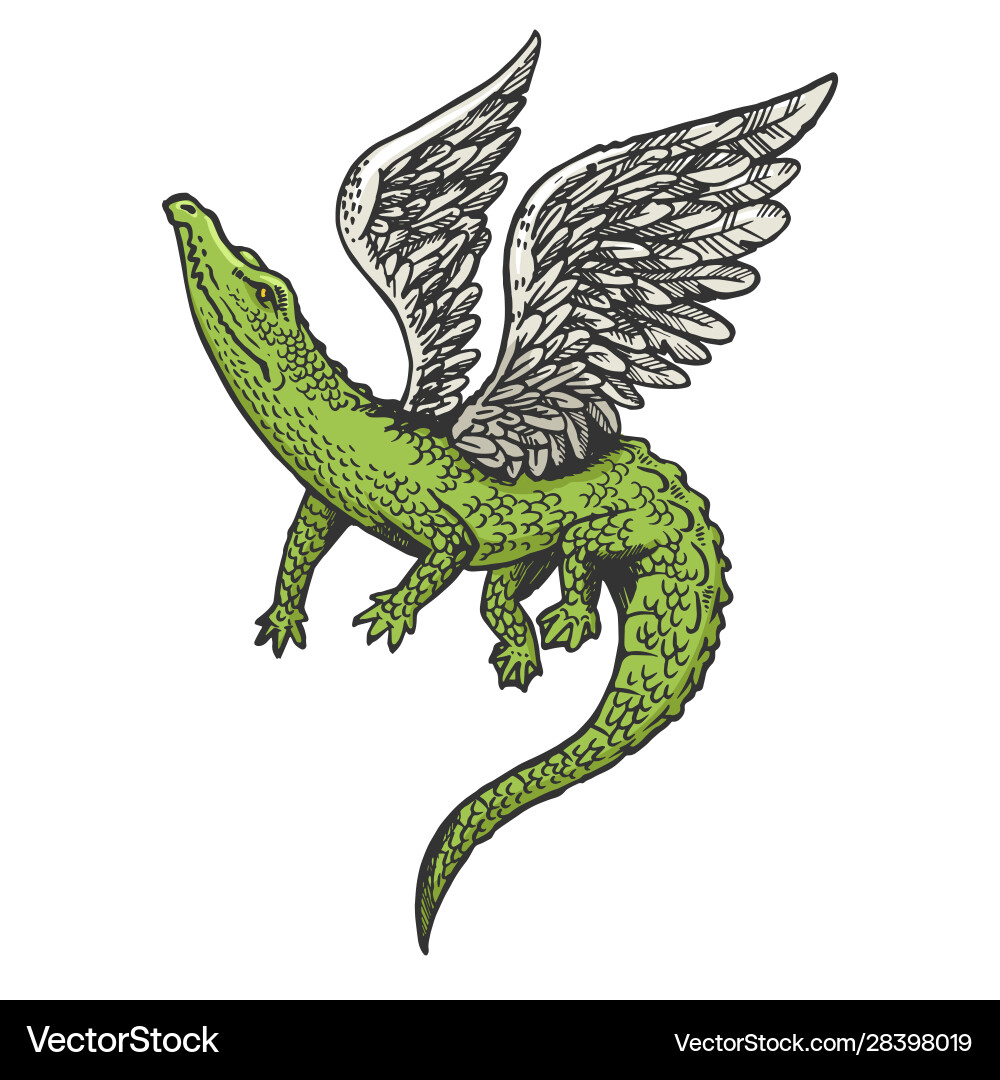 Fantastic flying crocodile sketch engraving Vector Image