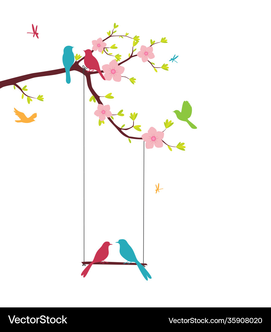 Colorful birds sitting on beautiful trees isolated