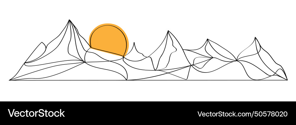 Minimalist mountain line art with sun Royalty Free Vector