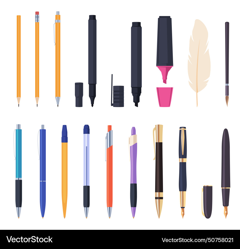 A set of different pens and pencils writing tools Vector Image