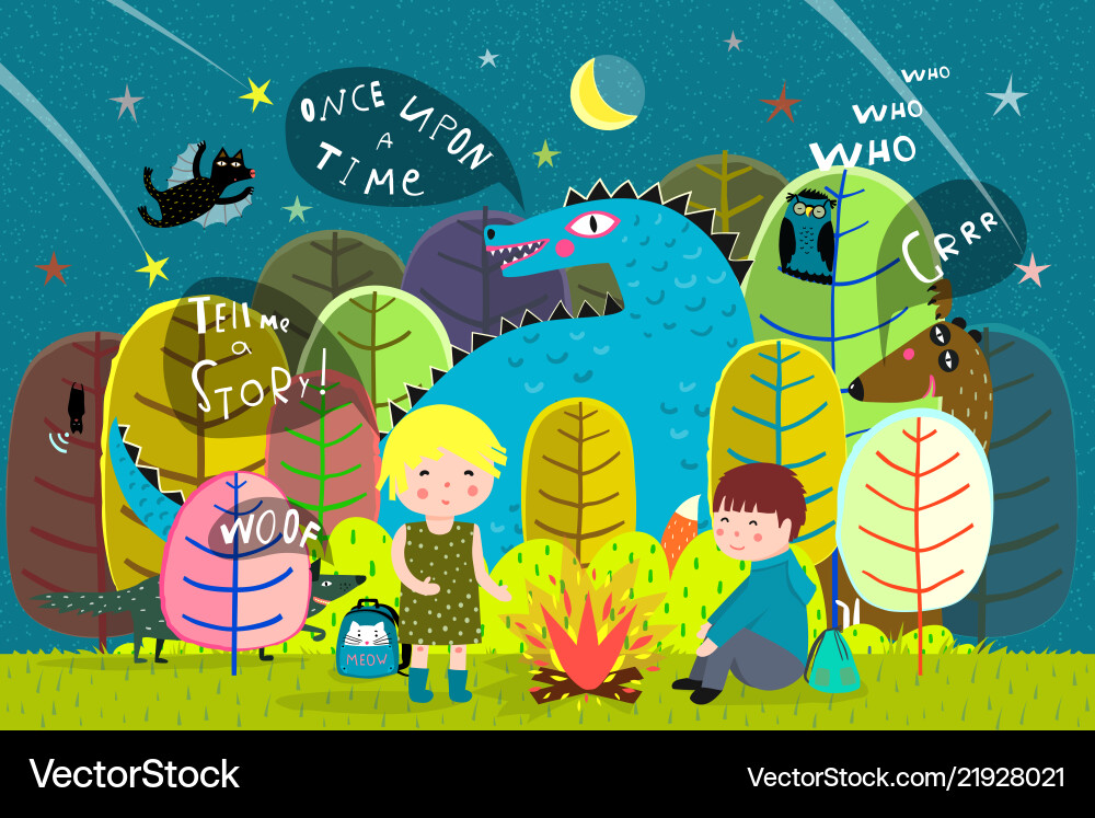Kids camping forest fire with dragon Royalty Free Vector