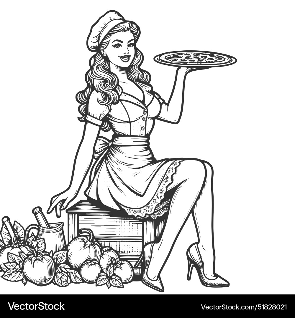 Retro pin-up chef holding pizza engraving Vector Image