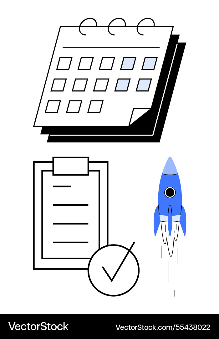 Calendar checklist and rocket representing Vector Image