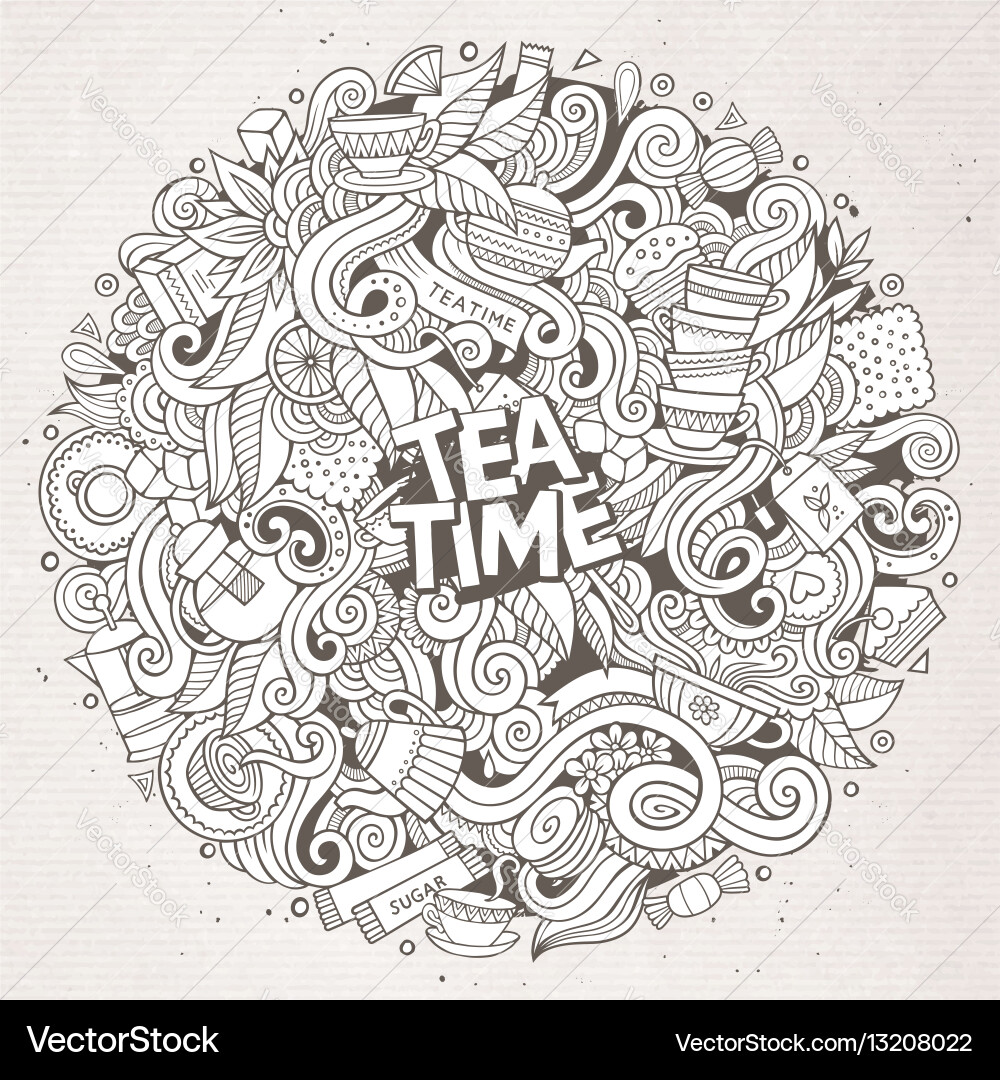 Cartoon cute doodles tea time Royalty Free Vector Image
