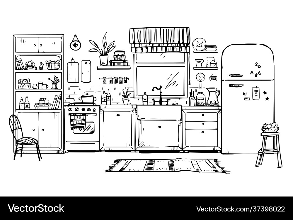Line drawing a cozy kitchen Royalty Free Vector Image