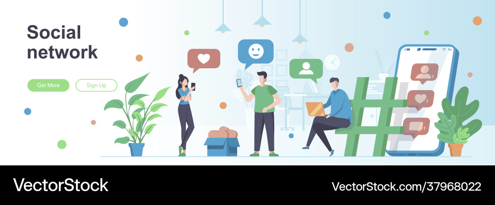Social network landing page with people characters