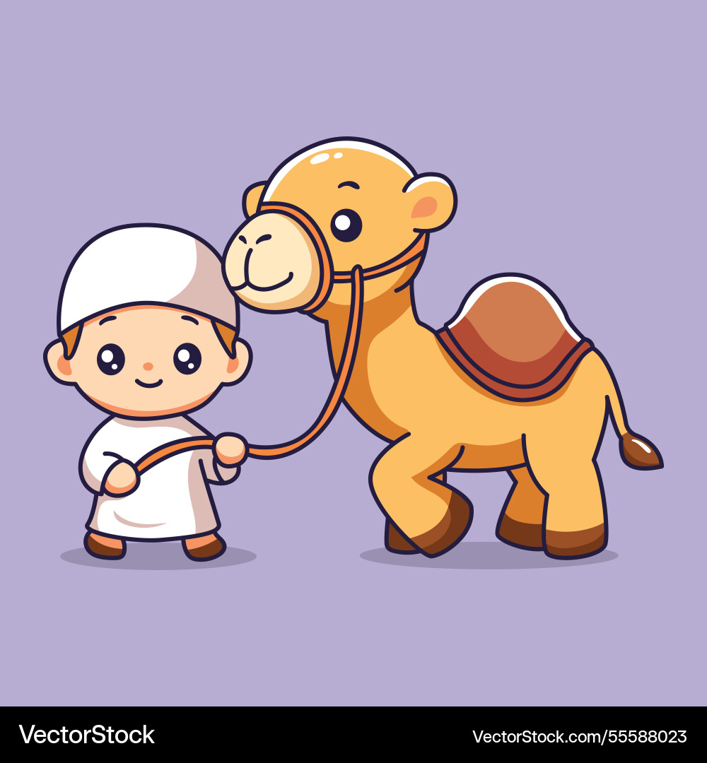 Cute muslim little boy with camel Royalty Free Vector Image
