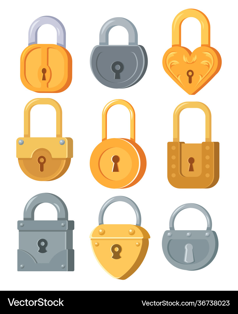 Metal padlocks different forms flat set Royalty Free Vector