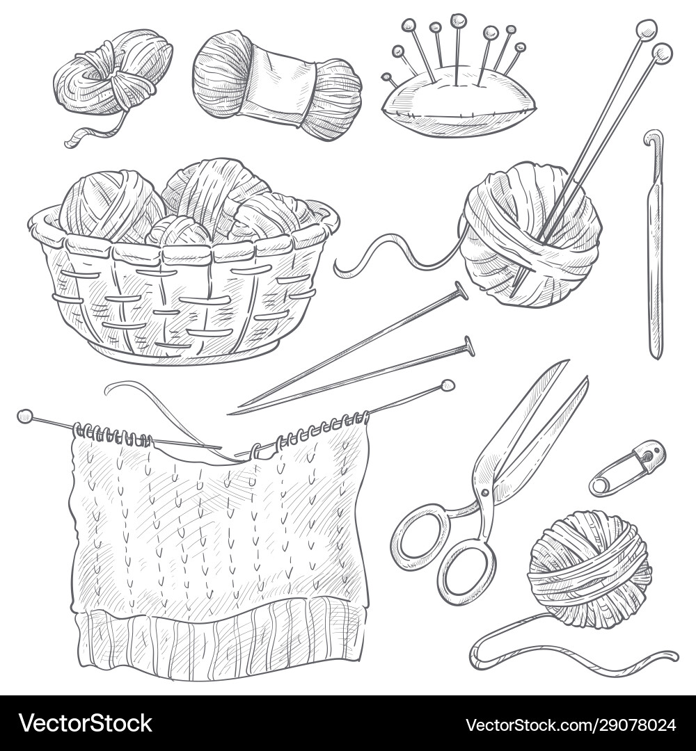 Knitting tools and threads isolated sketches Vector Image