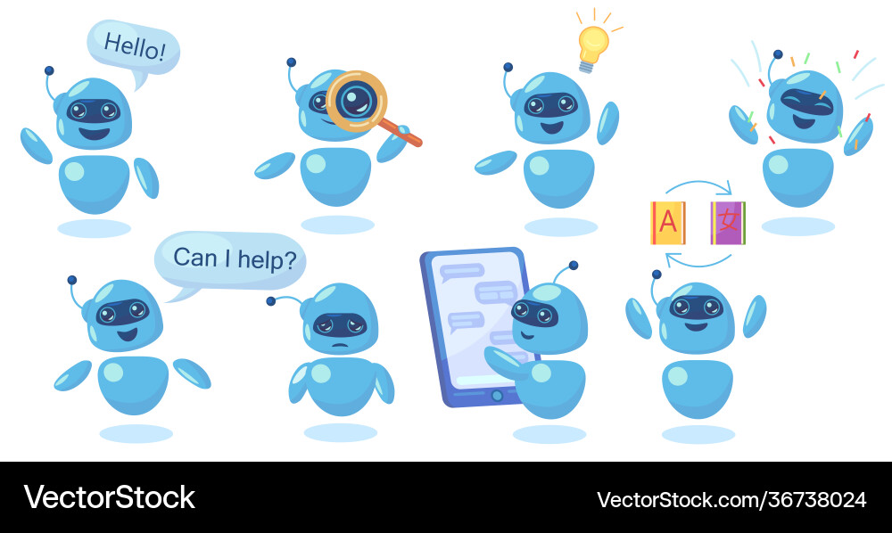 Modern cute chatbot in different poses flat set Vector Image