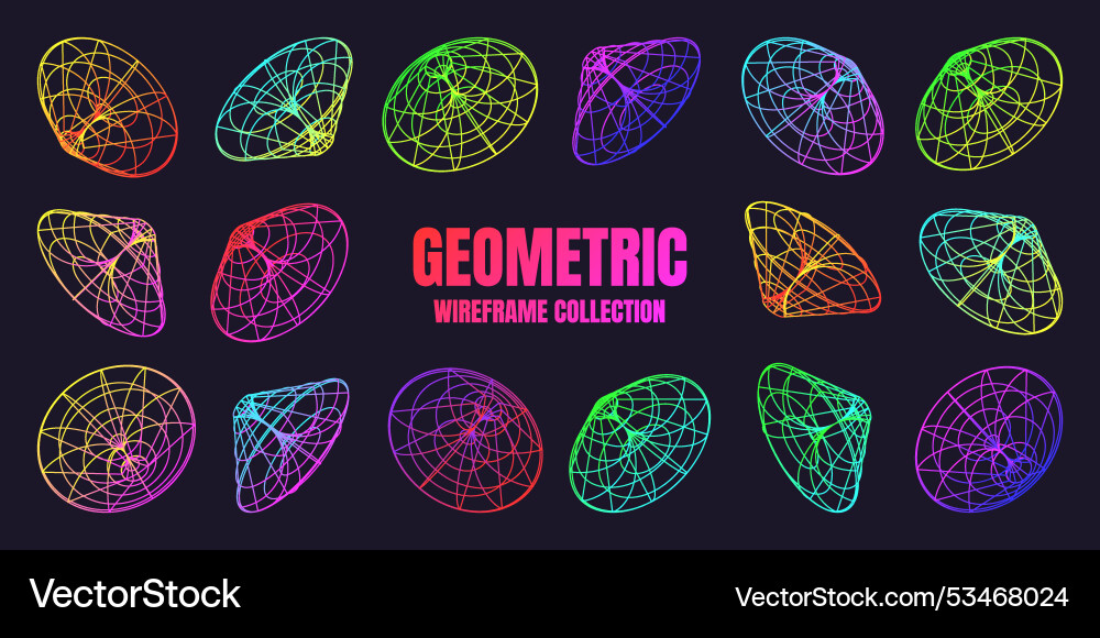 Neon lined wireframe shapes perspective mesh 3d Vector Image