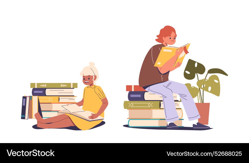 Two children reading books in different poses one Vector Image