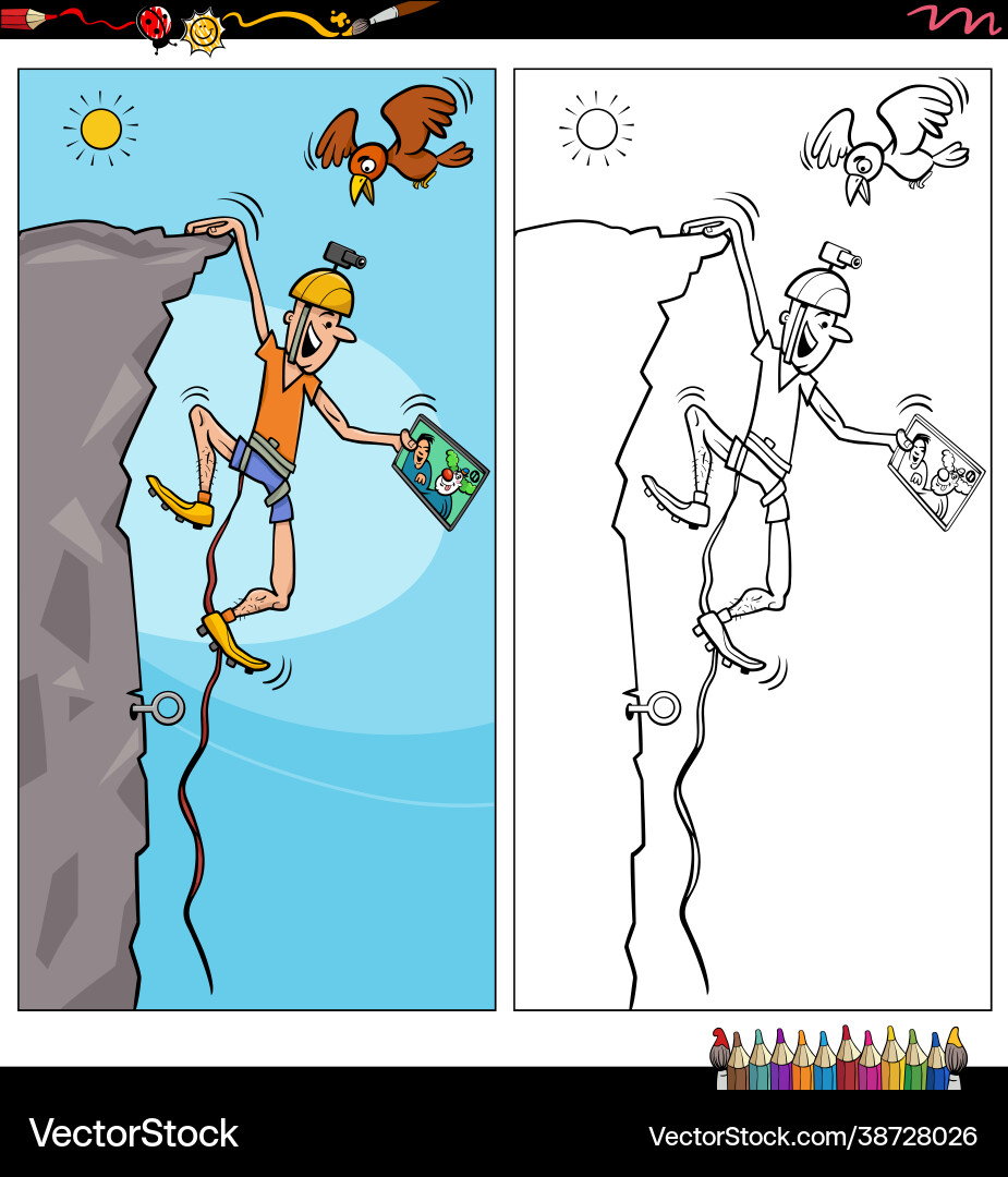 Cartoon climber character coloring book page Vector Image