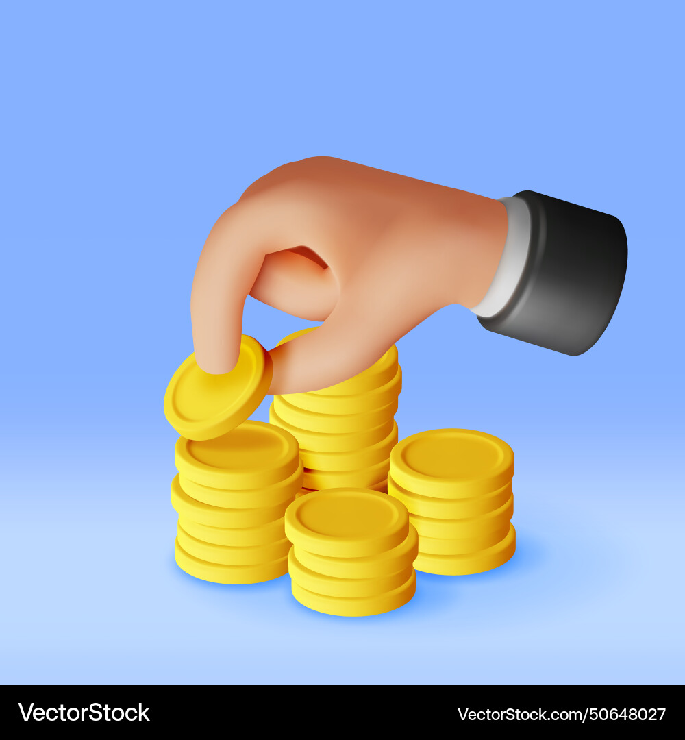 3d stack of gold coins and hand Royalty Free Vector Image