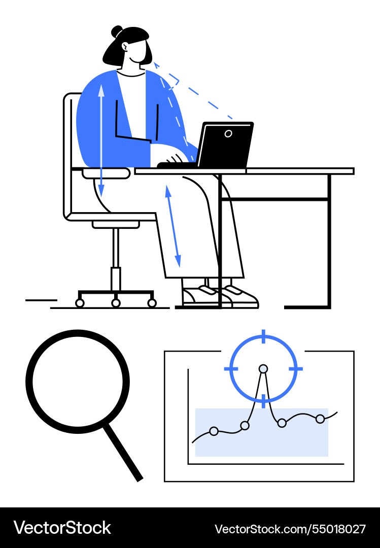 Ergonomic work setup with woman at desk Royalty Free Vector