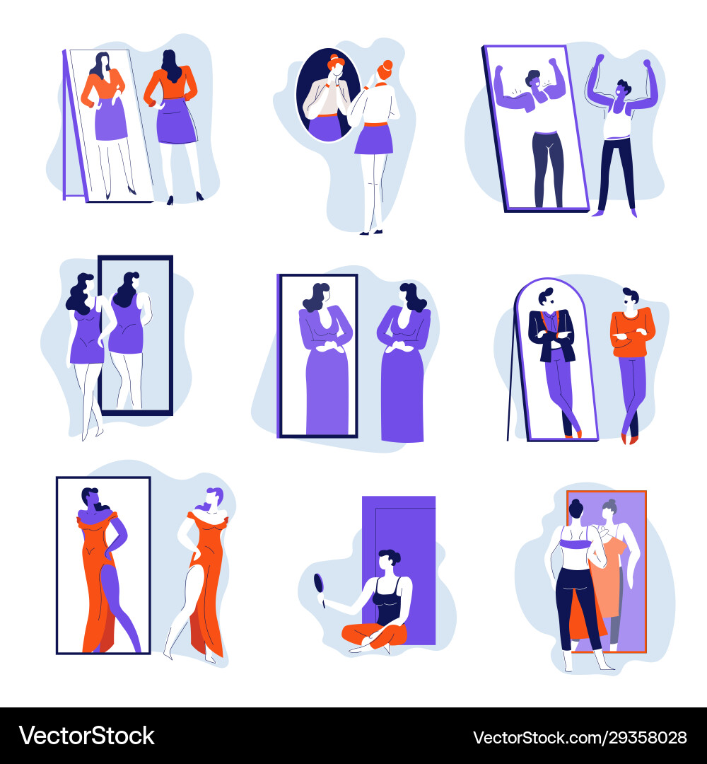 Mirror and people looking at reflection isolated Vector Image