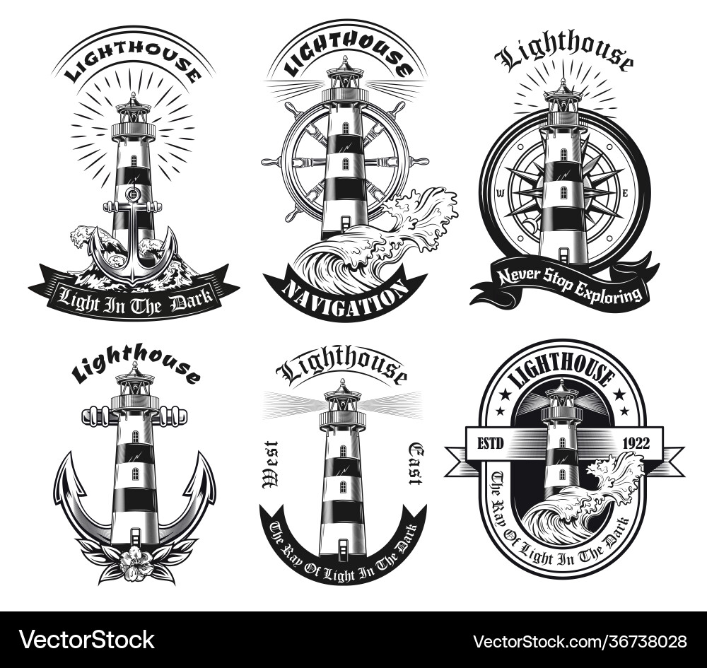 Monochrome emblems with lighthouse set Royalty Free Vector
