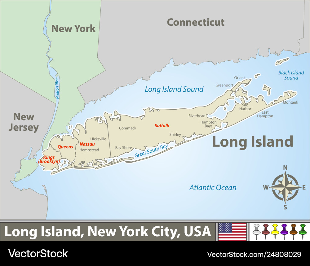 Long Island Map - New York Royalty Free Vector Image
