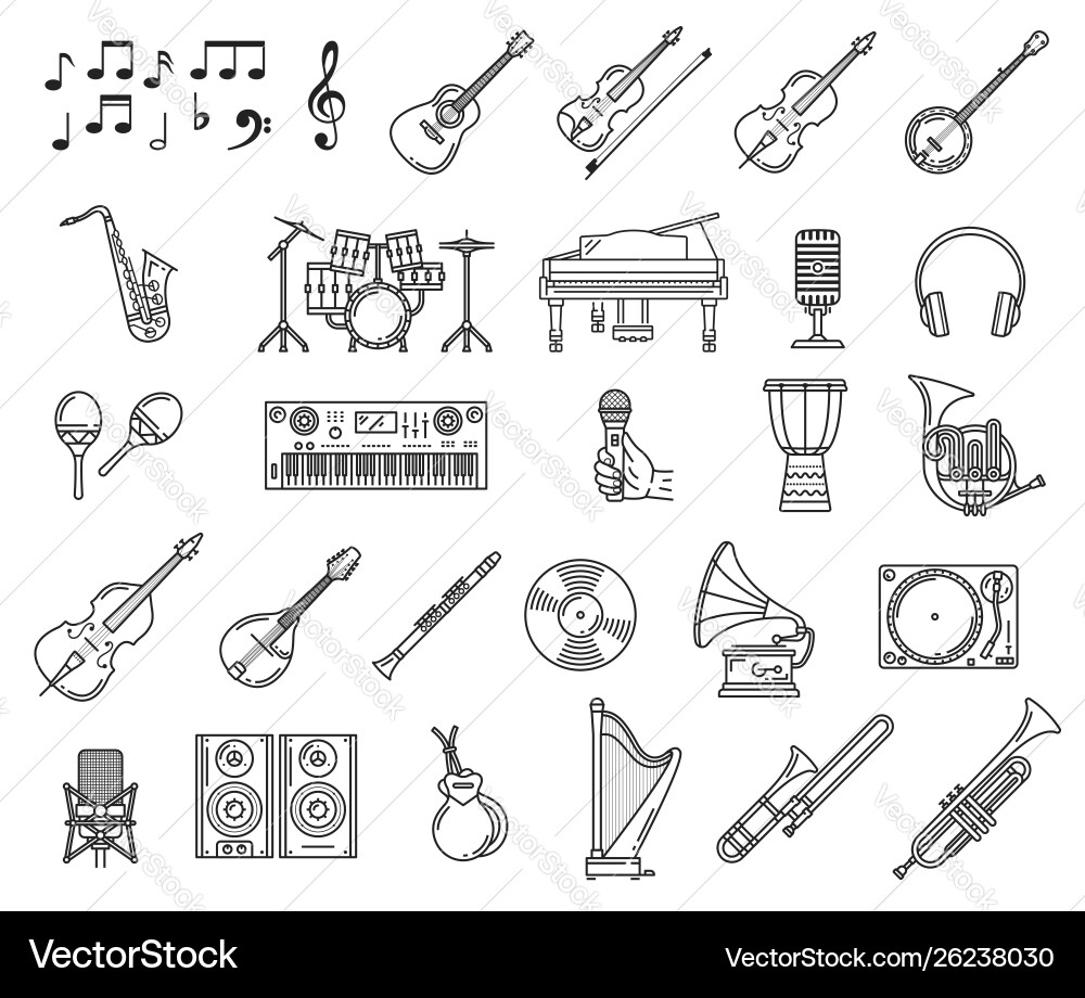 Music icons piano guitar microphone notes Vector Image