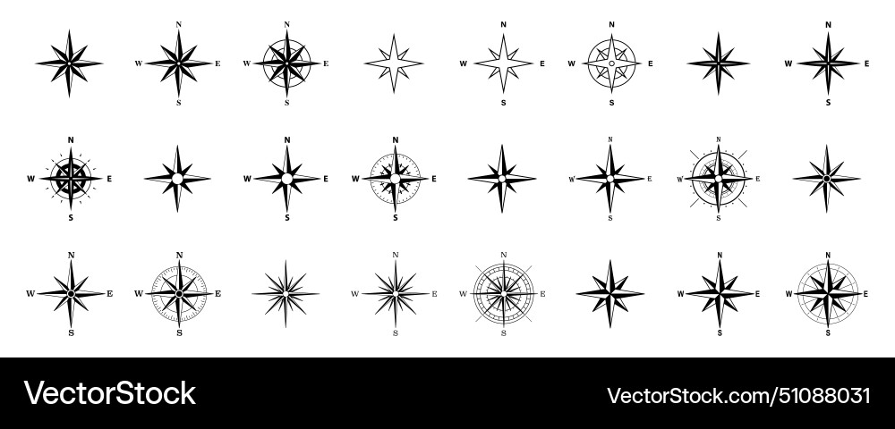 Flat black monochrome wind rose symbol Royalty Free Vector