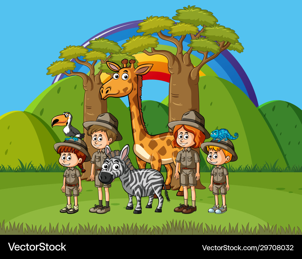 Background scene with many kids and animals Vector Image