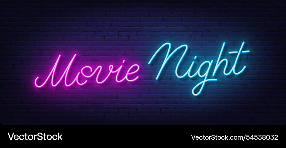 Neon Movie Night Sign on Brick Wall Royalty Free Vector