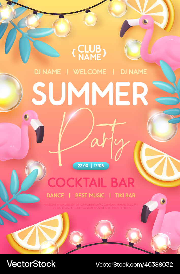 Summer disco party poster with 3d flamingo Vector Image