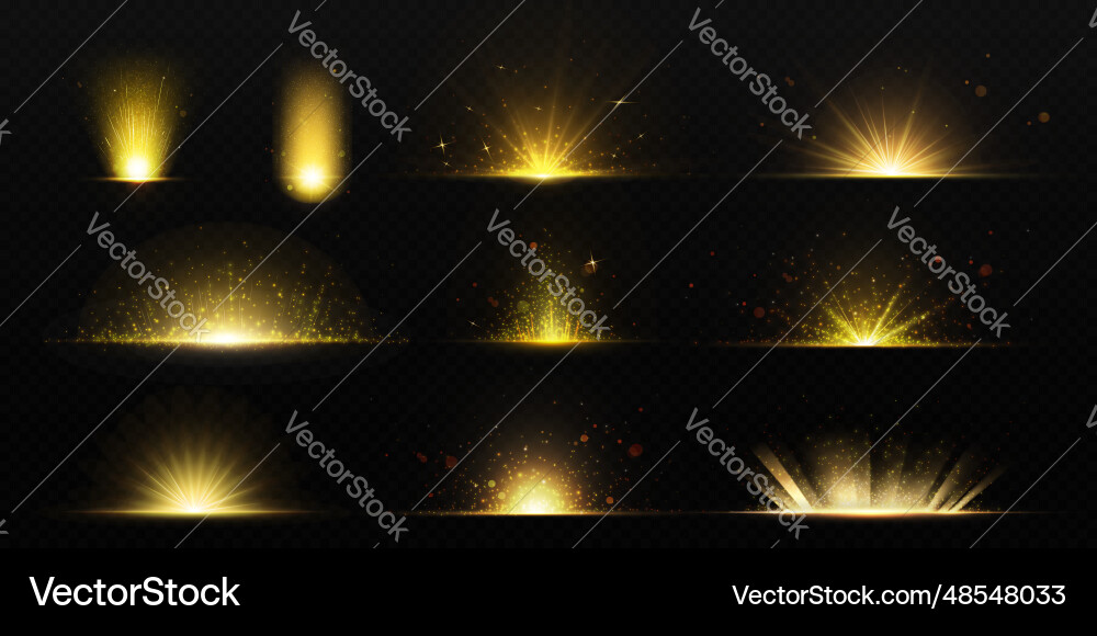 Set of golden light flash effects Royalty Free Vector Image