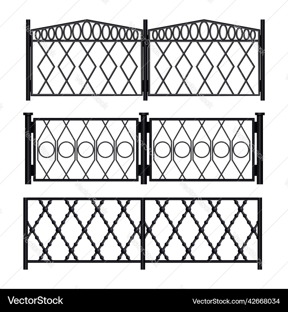 Retro wrought iron fence realistic set Royalty Free Vector