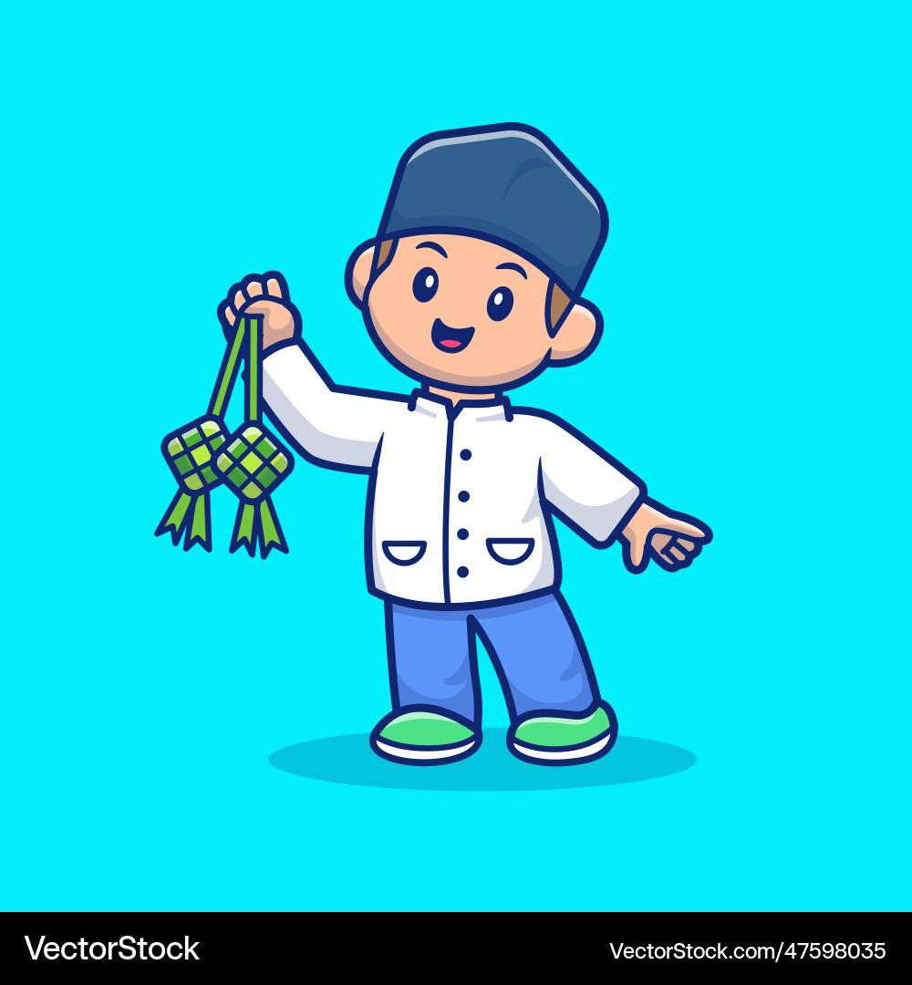 Moslem boy with ketupat cartoon Royalty Free Vector Image