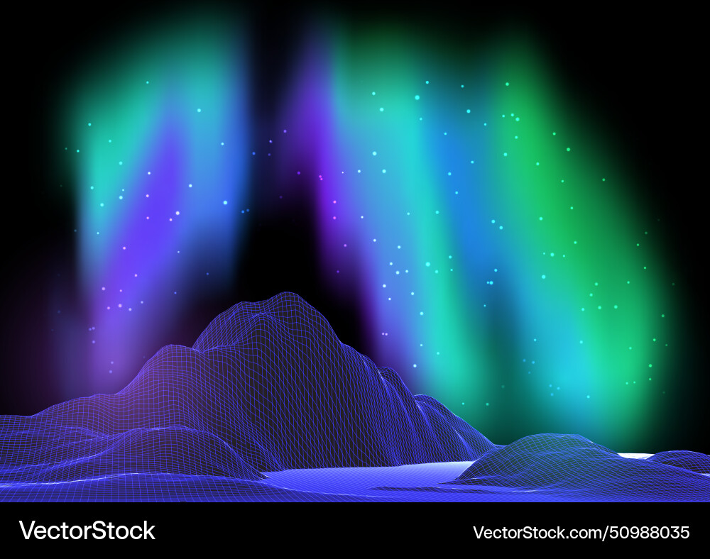 Wireframe landscape against a sky with northern Vector Image