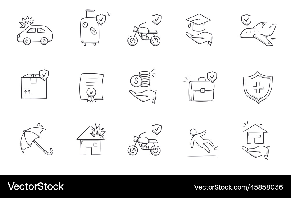 Insurance doodle icon set hand drawn sketch life Vector Image