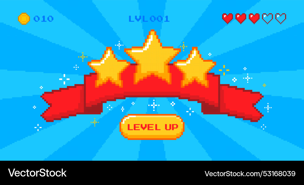 Pixel level up screen retro 8 bit video games Vector Image