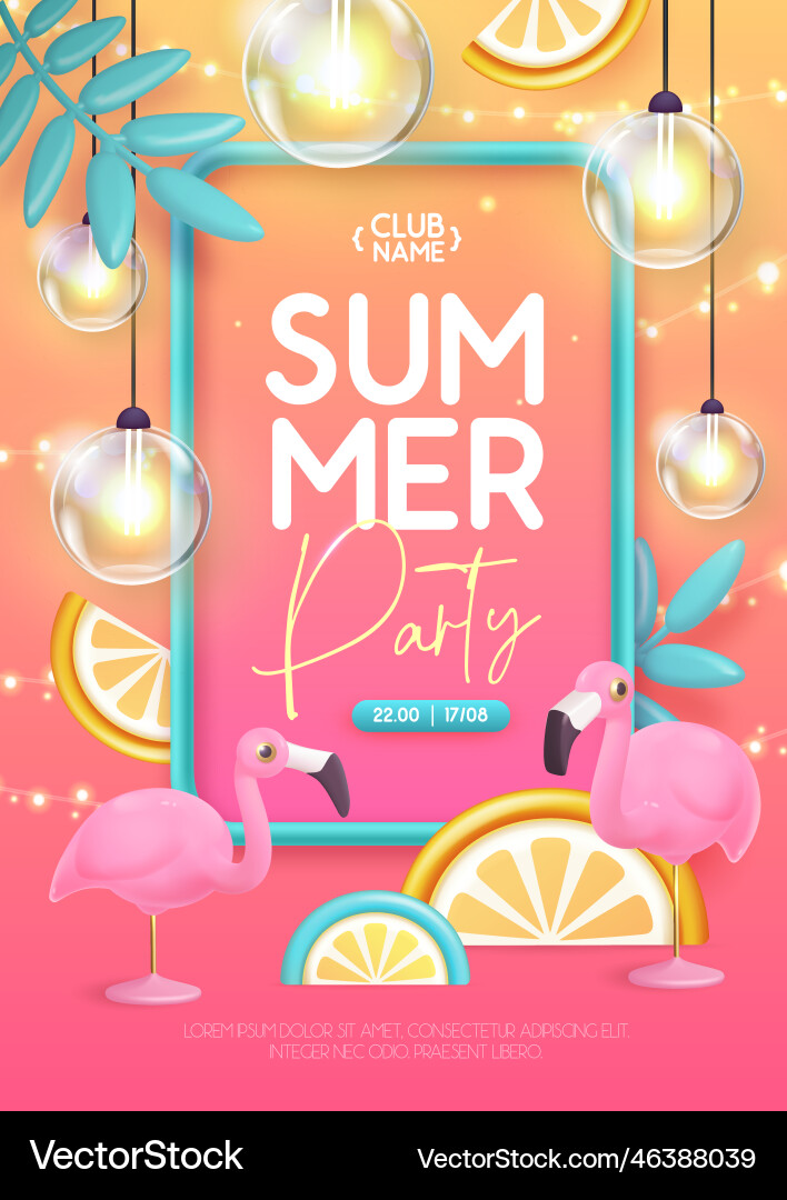 Summer disco party poster with 3d flamingo Vector Image