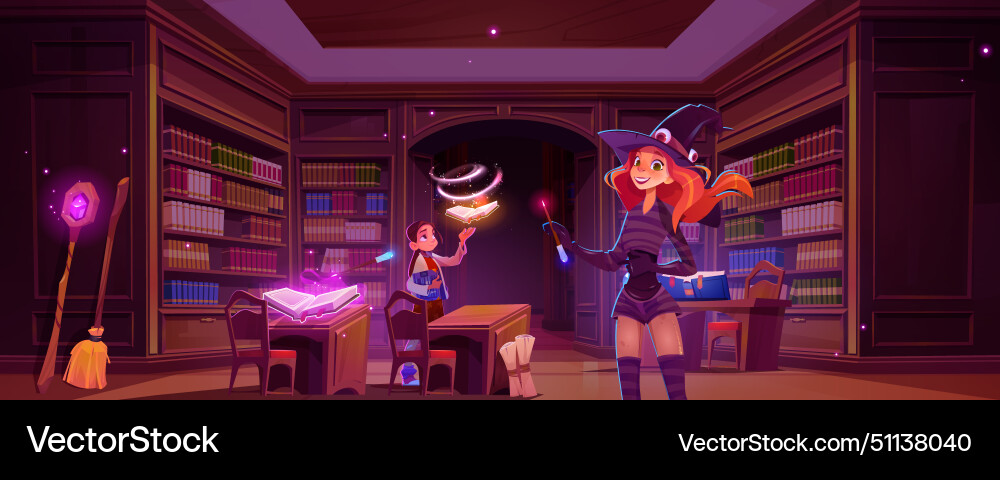 Magic library with wizard and witch students Vector Image