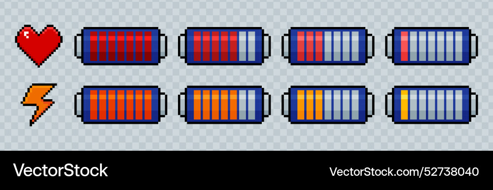 Pixel battery charge indicator icons energy Vector Image
